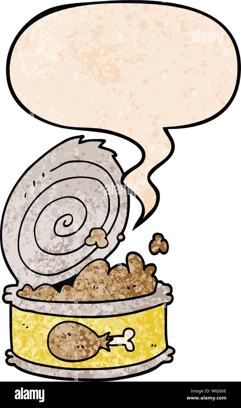 cartoon canned food with speech bubble in retro texture style Stock ...