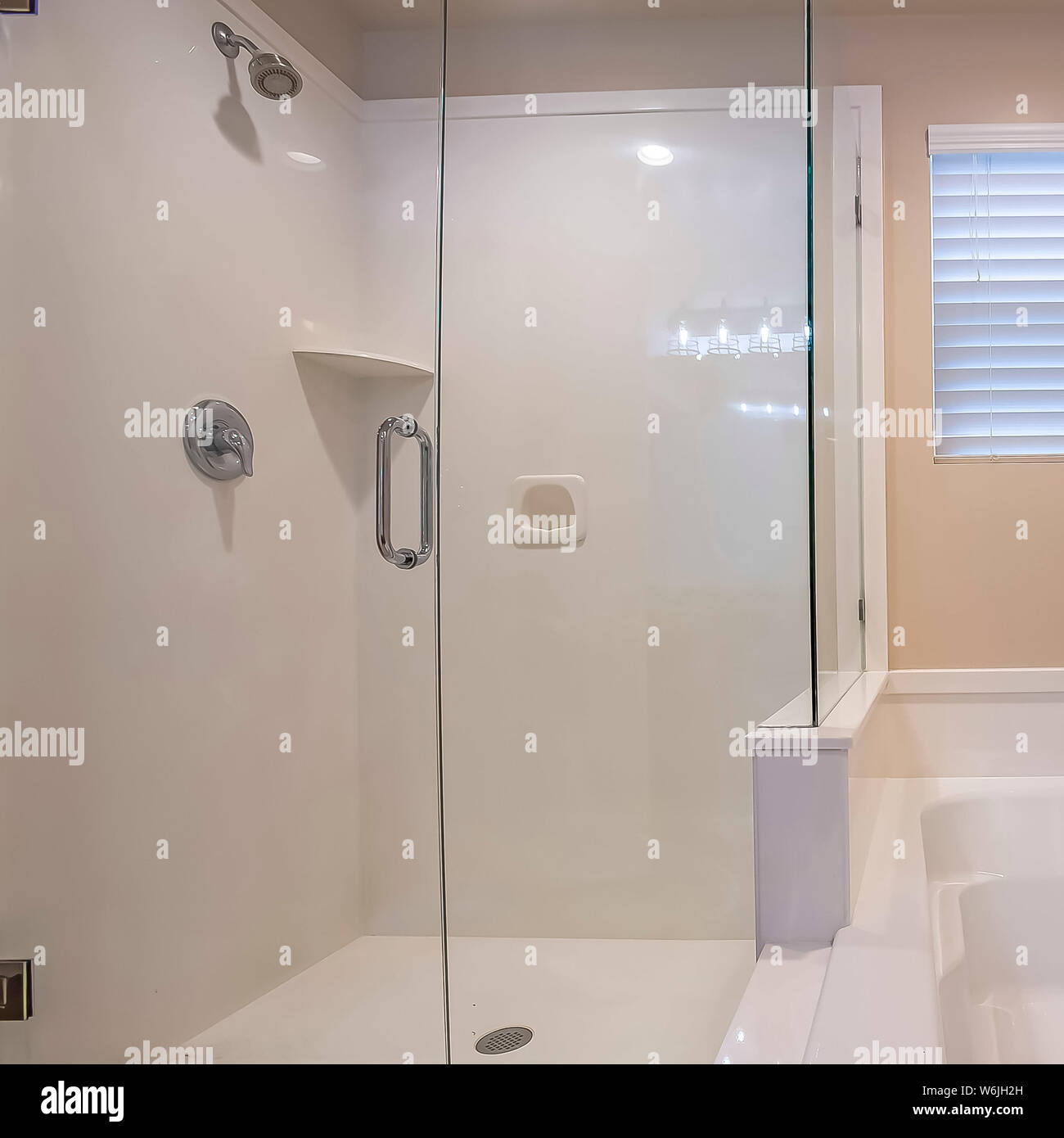 Square frame Glass walled shower stall and shiny bathtub inside the ...
