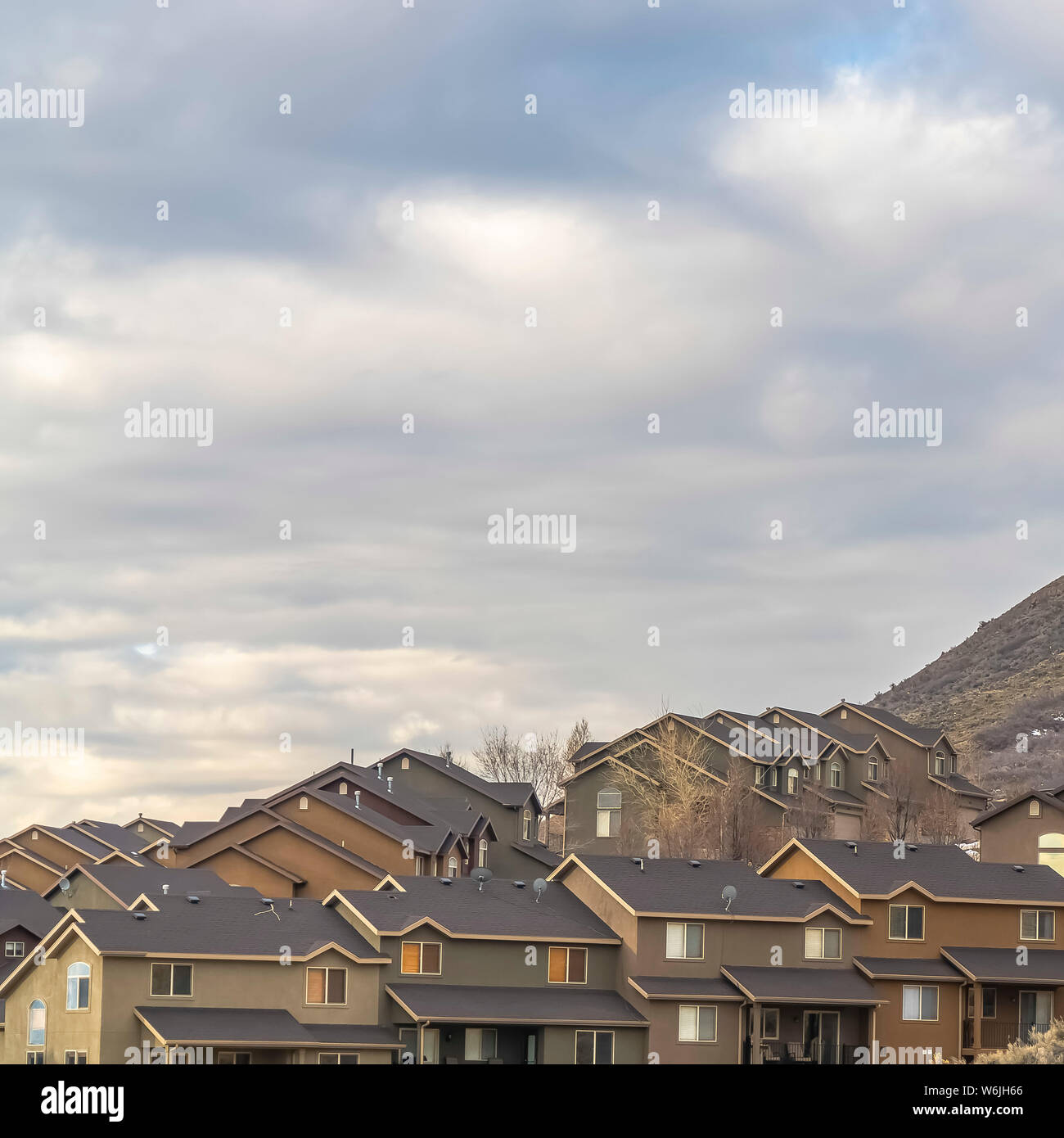 Square frame Rows of houses built on a mountain slope with view of ...