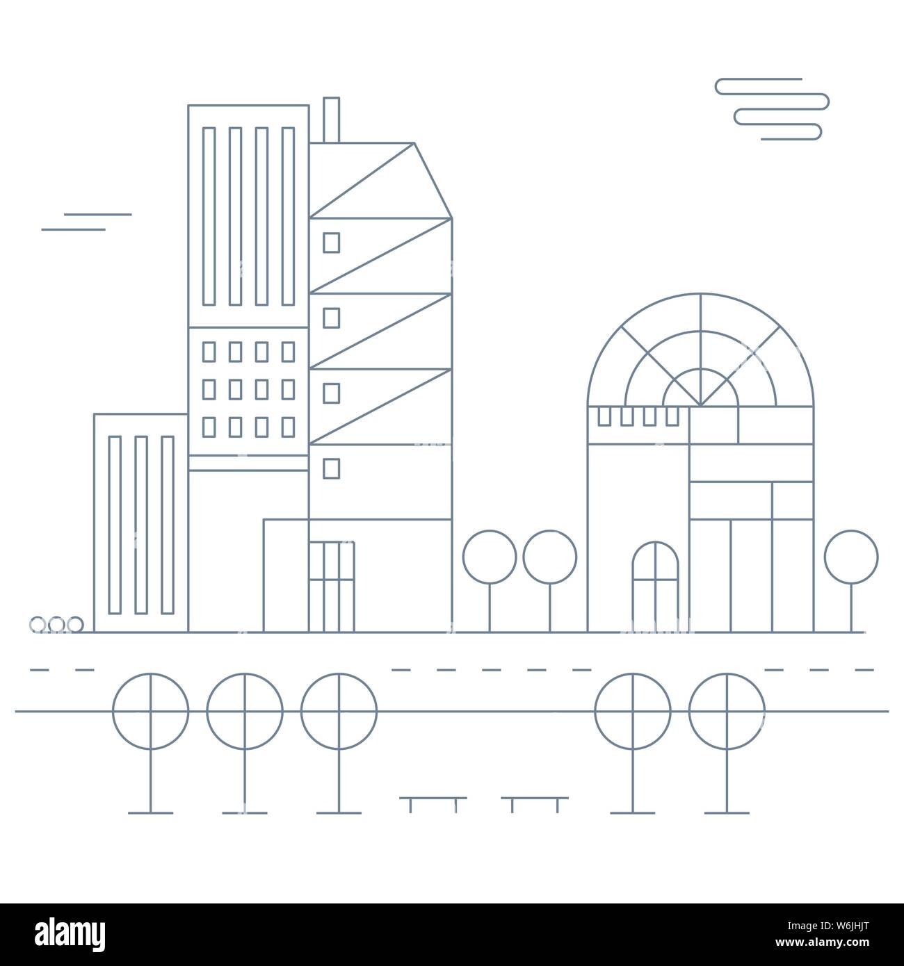 Vector illustration. Line city scene with buildings, trees, roads and ...