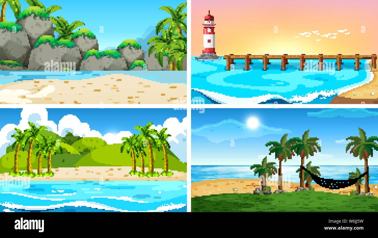 Set of tropical ocean nature scenes with beaches illustration Stock ...