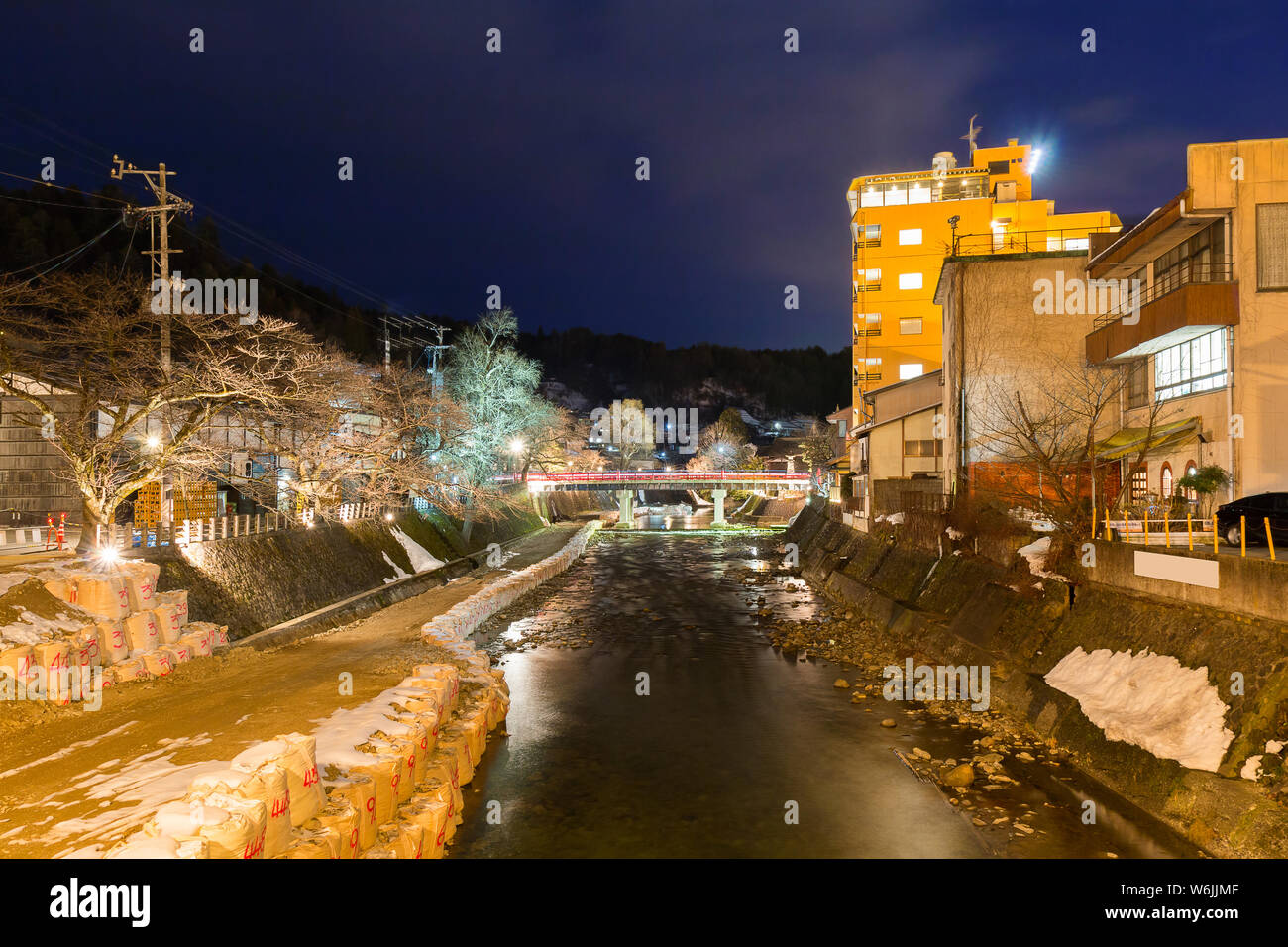 Nakabashi red bridge in takayama old city in night time Stock Photo - Alamy