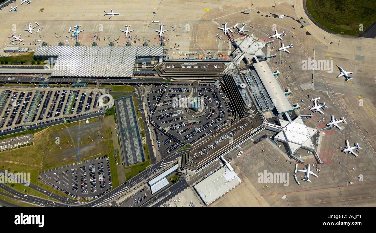 Aerial view, aircrafts at Terminal 2, Cologne Bonn Airport, Porz ...