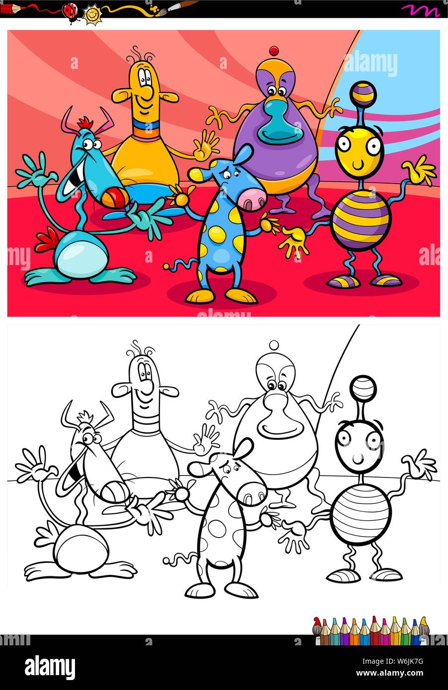 Cartoon Illustration of Funny Alien or Monster Characters Coloring Book ...
