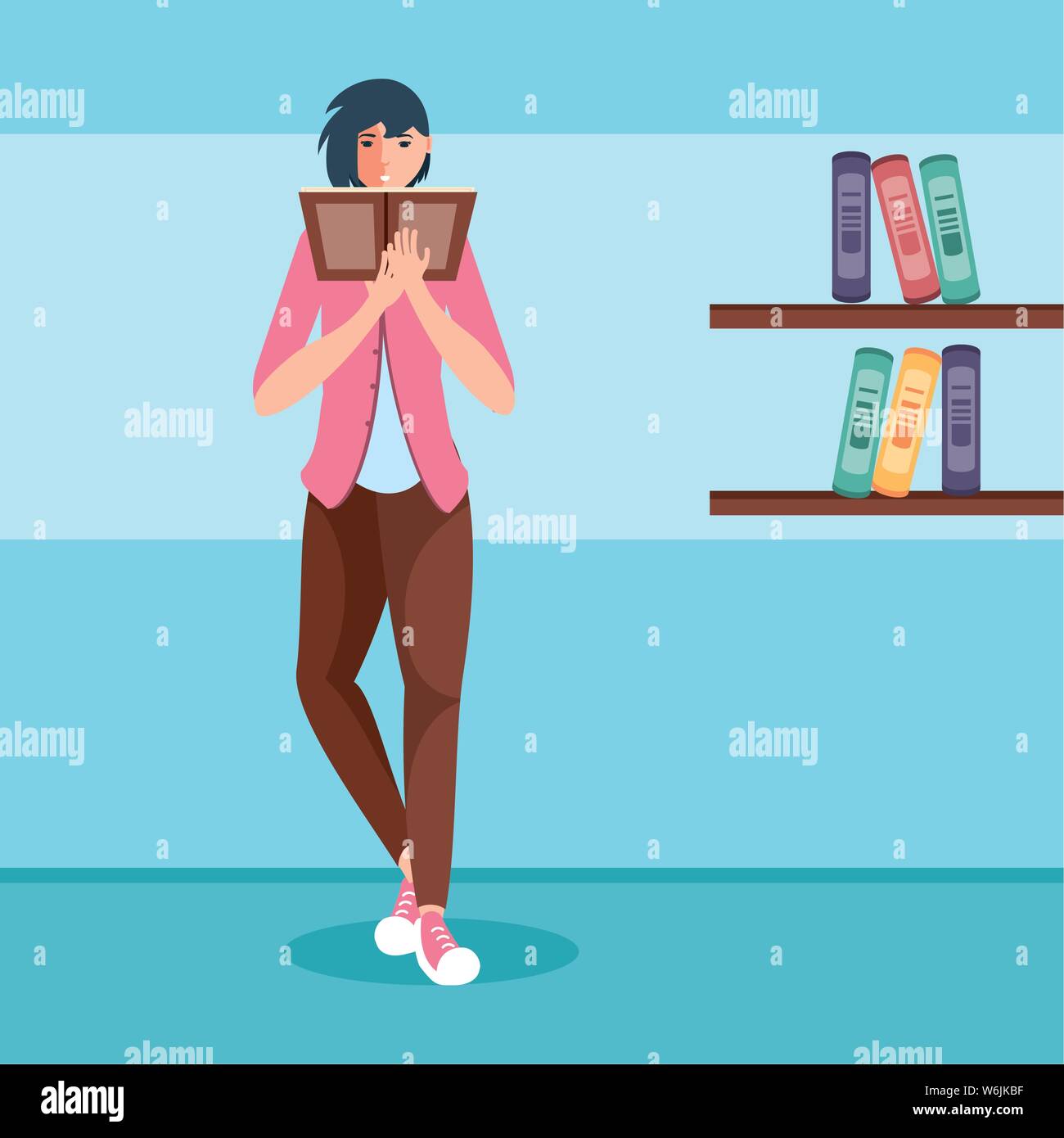young woman reading book avatar character vector illustration design ...