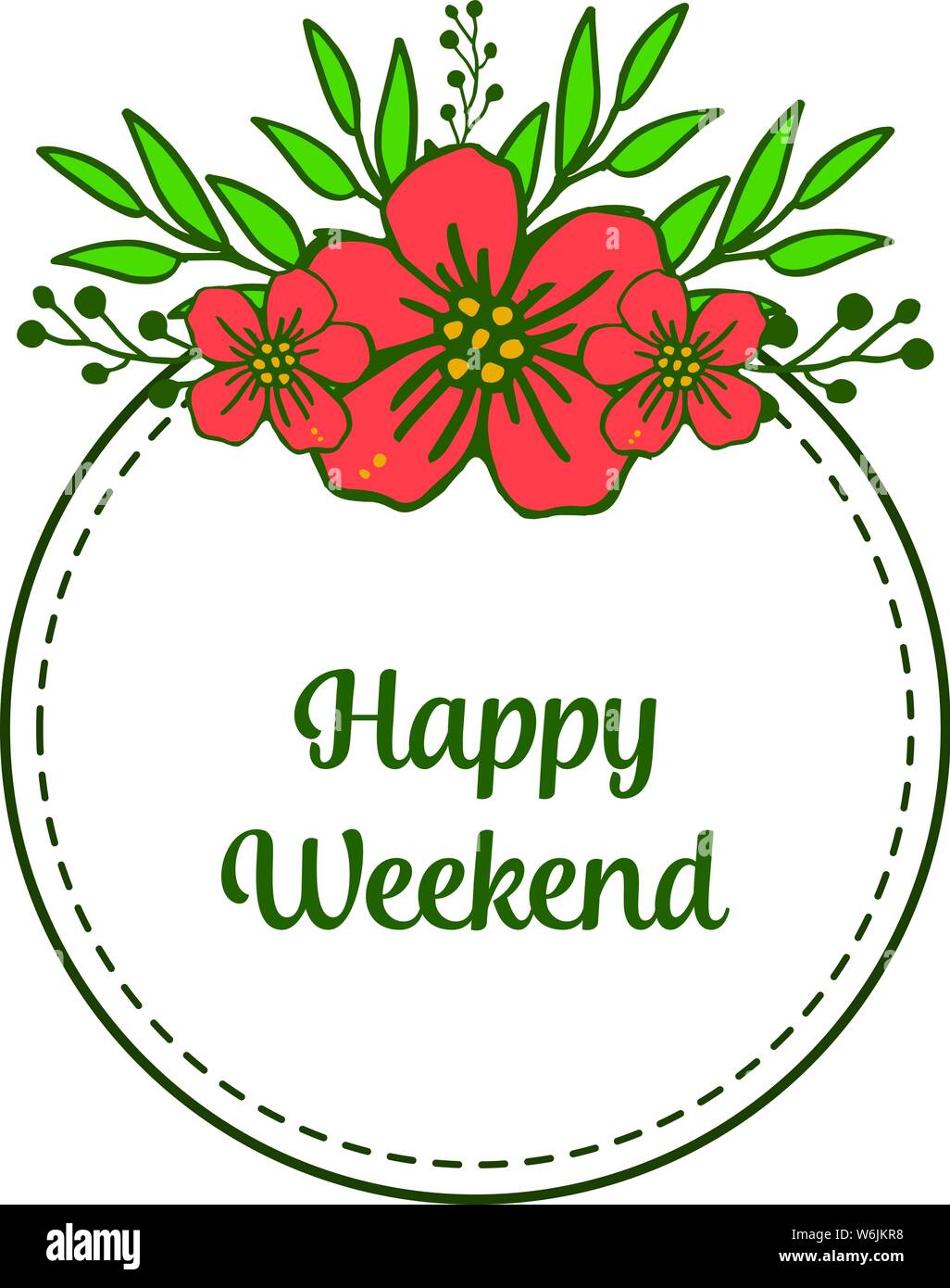 Letter text happy weekend, with plants of leaves and orange flower ...