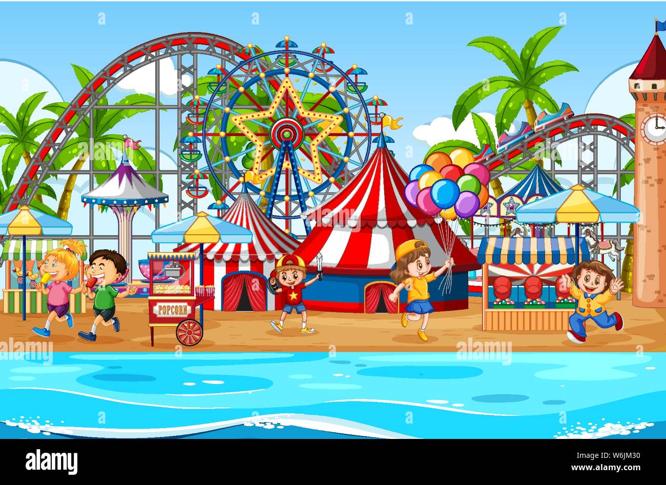 An outdoor funfair scene with happy kids illustration Stock Vector ...