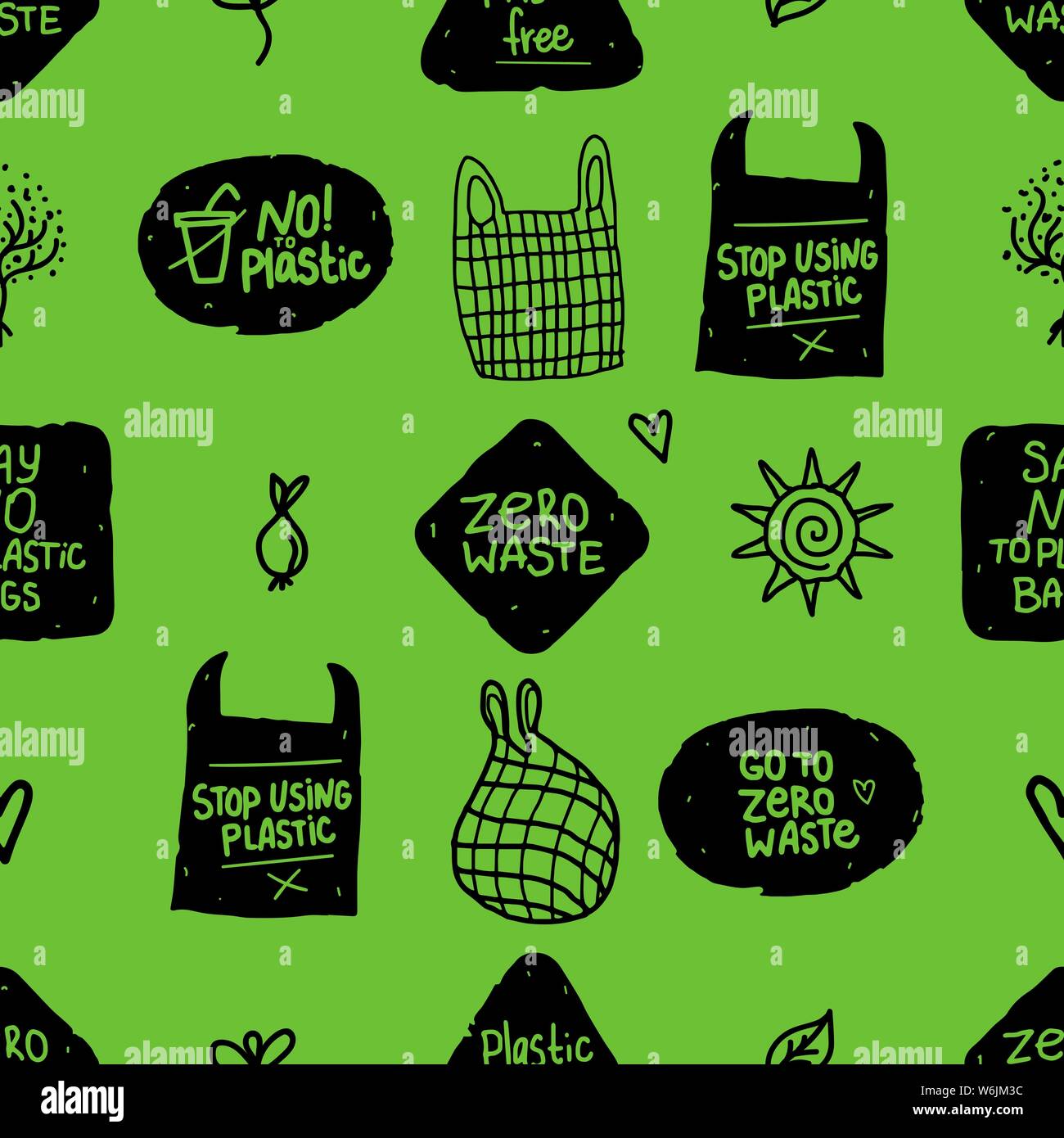 Seamless pattern with eco sign. Vector inscription zero waste, hand ...