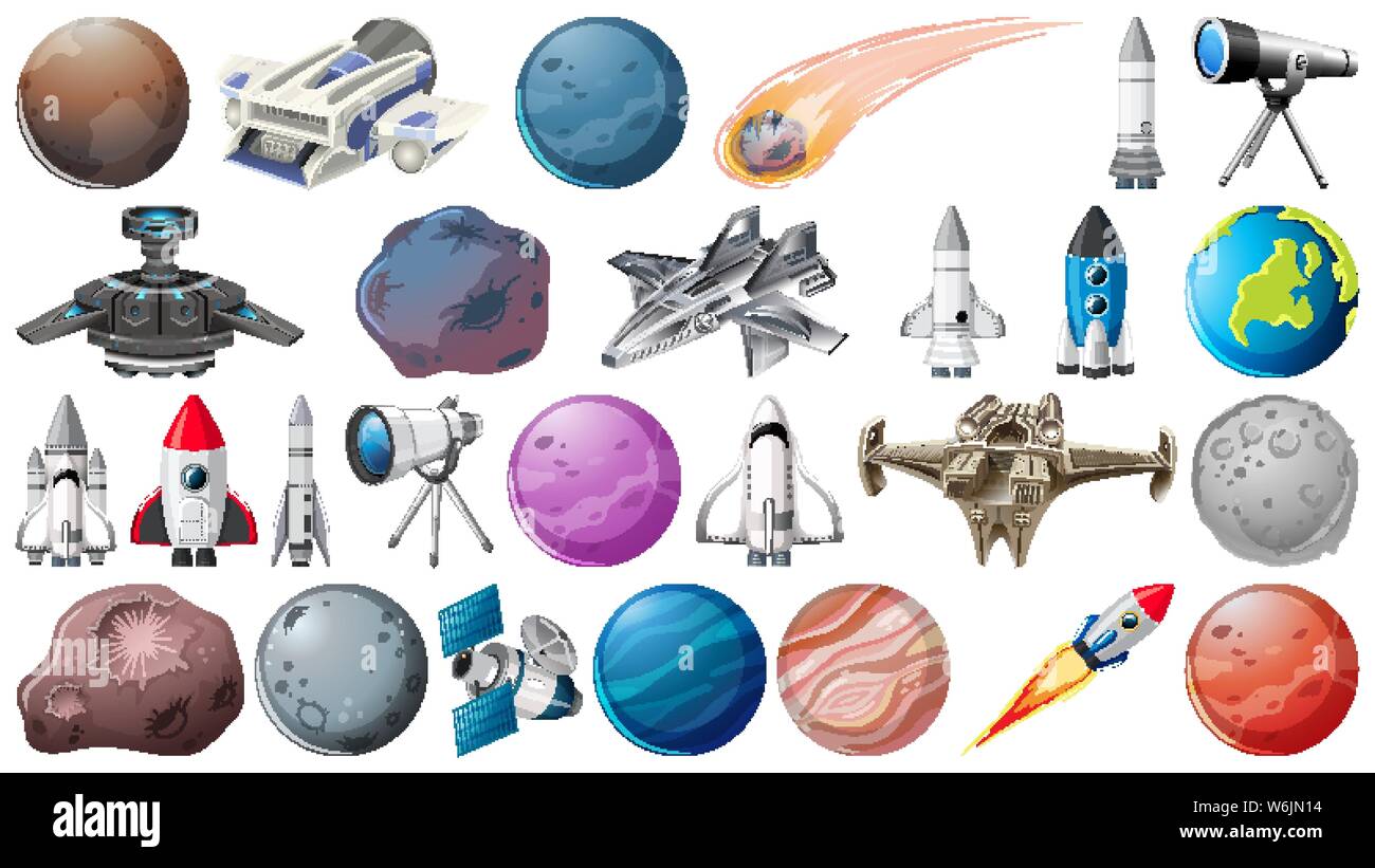 Set of planets, rockets and space obejcts illustration Stock Vector ...