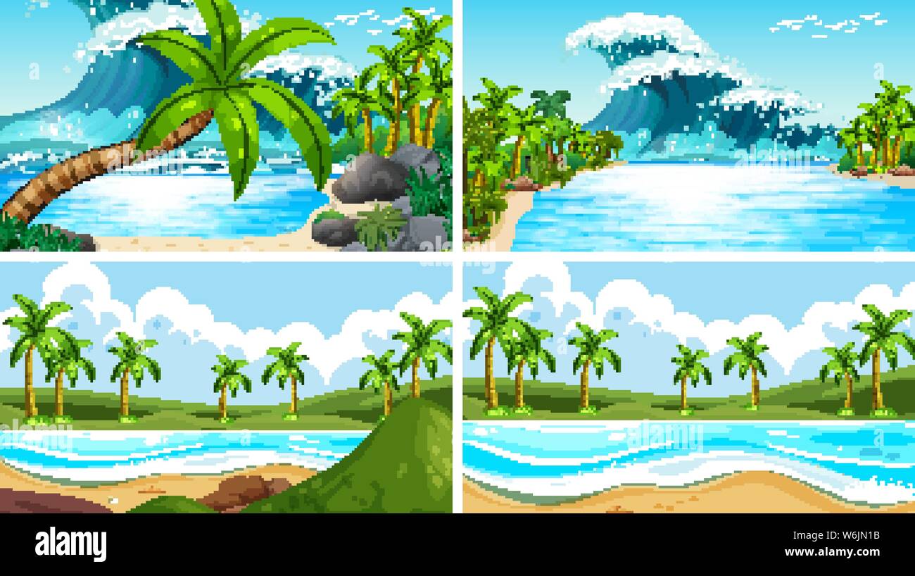 Set of tropical ocean nature scenes with beaches illustration Stock ...