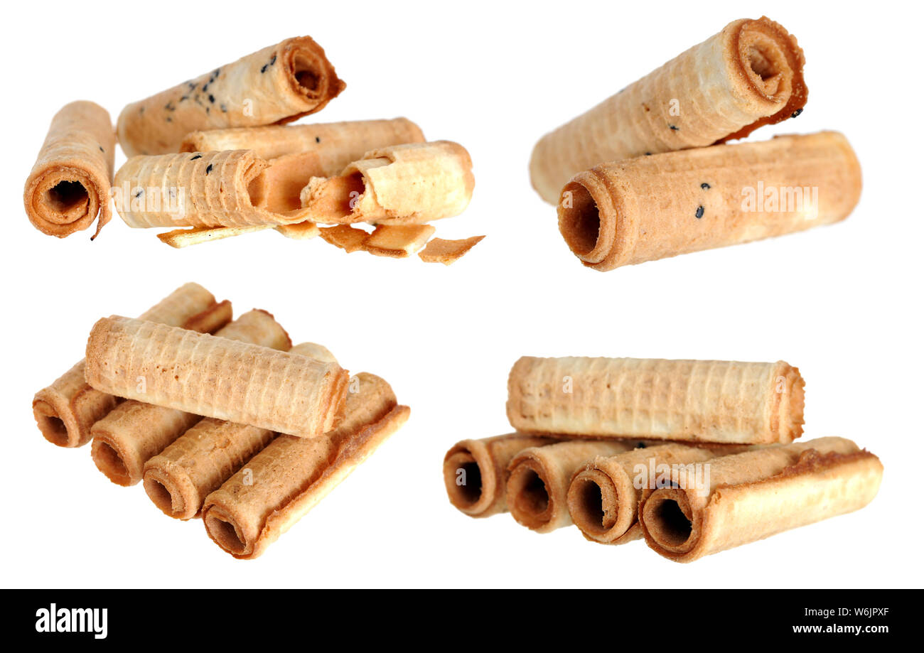 closeup of waffle rolls isolated on white Stock Photo - Alamy