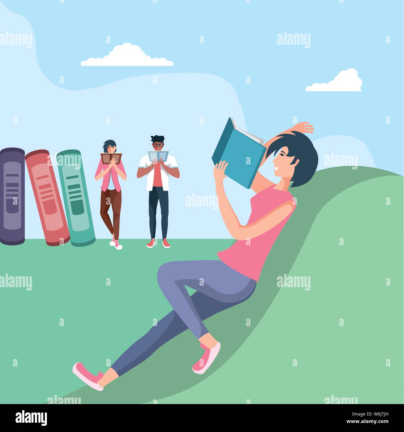 young people reading books in landscape vector illustration design ...