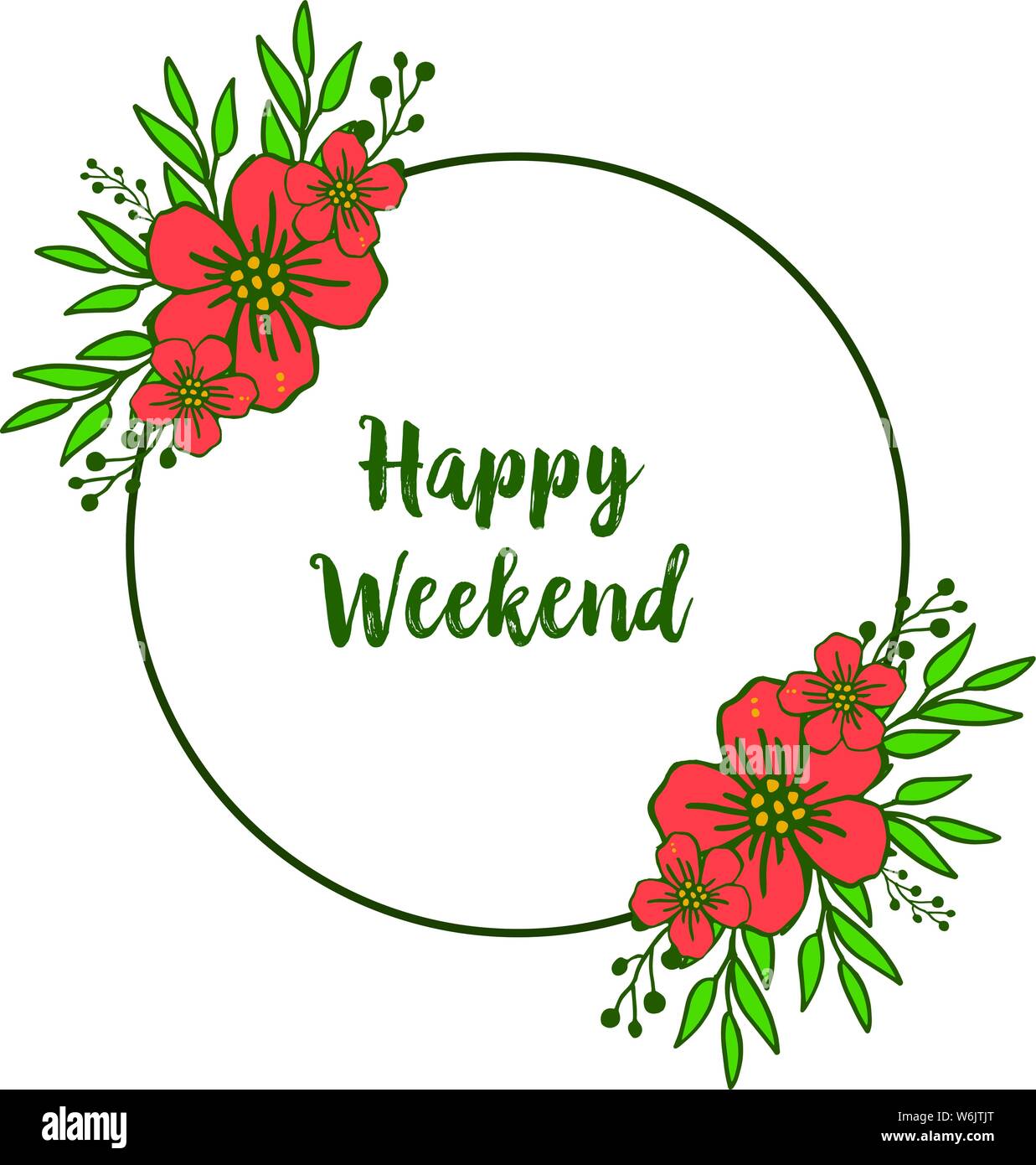 Letter text happy weekend, with plants of leaves and orange flower ...