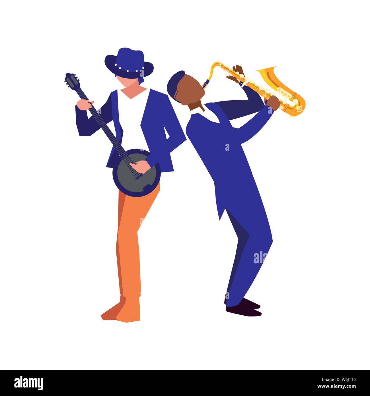 two male musicians playing musical instruments vector illustration ...