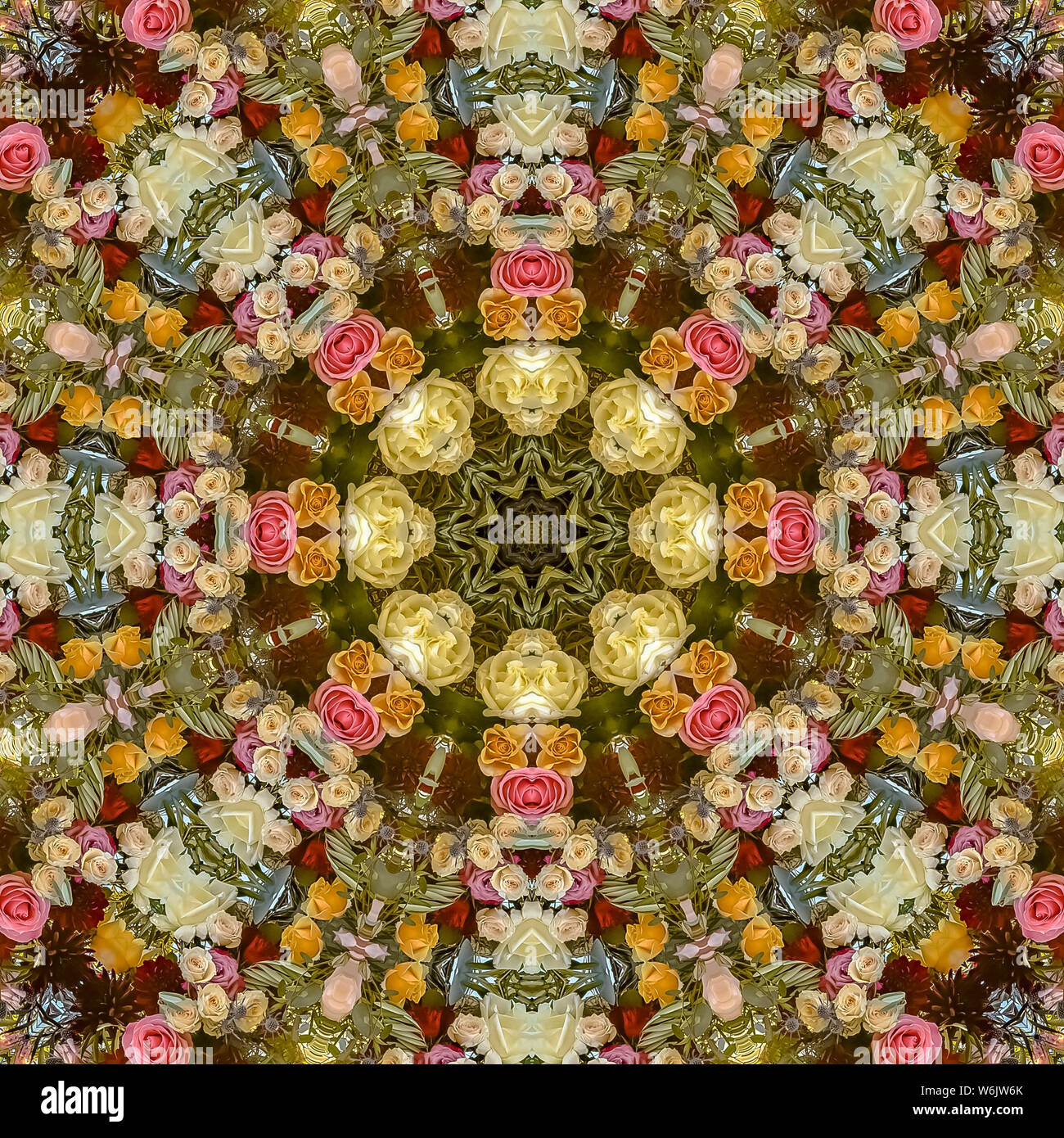 Square frame Vivid display of flowers in circular arrangement at ...