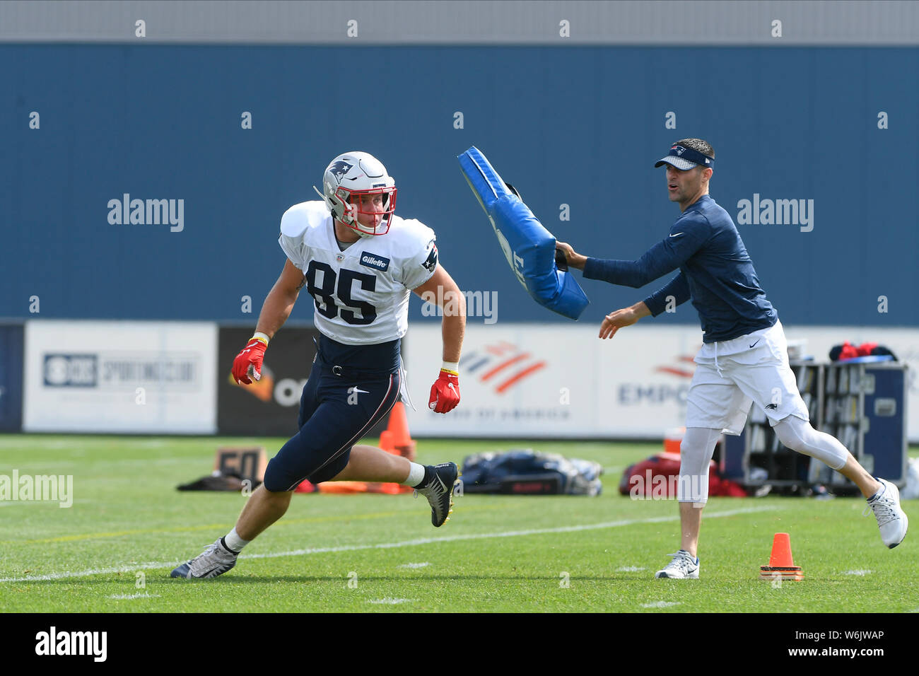 August 1, 2019: New England Patriots tight end Ryan Izzo (85) drills at ...