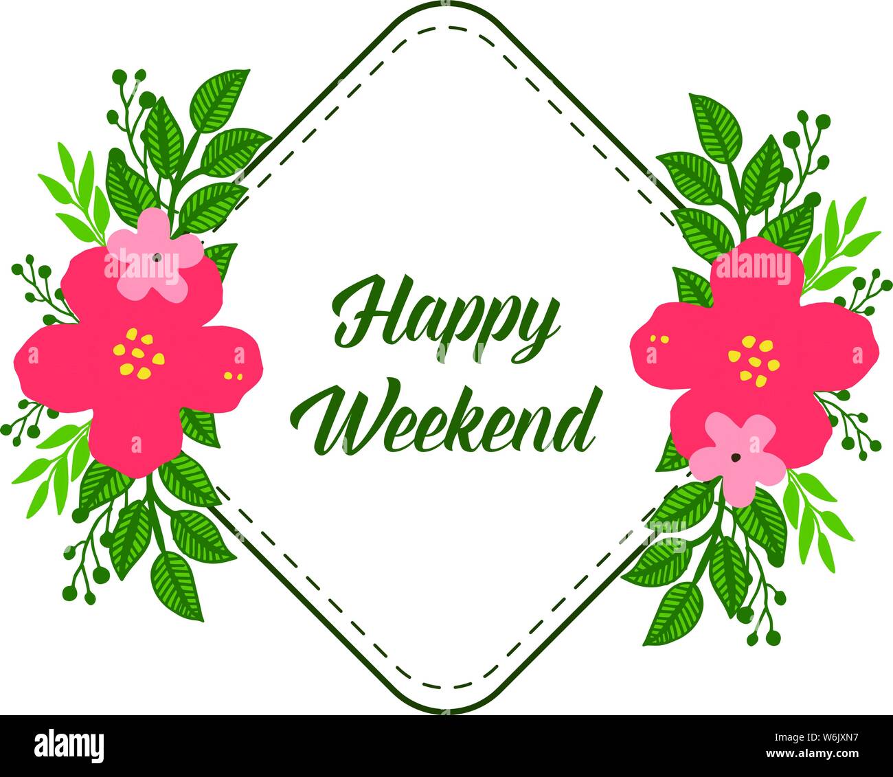Beauty of colorful floral frame, for lettering happy weekend, on a ...