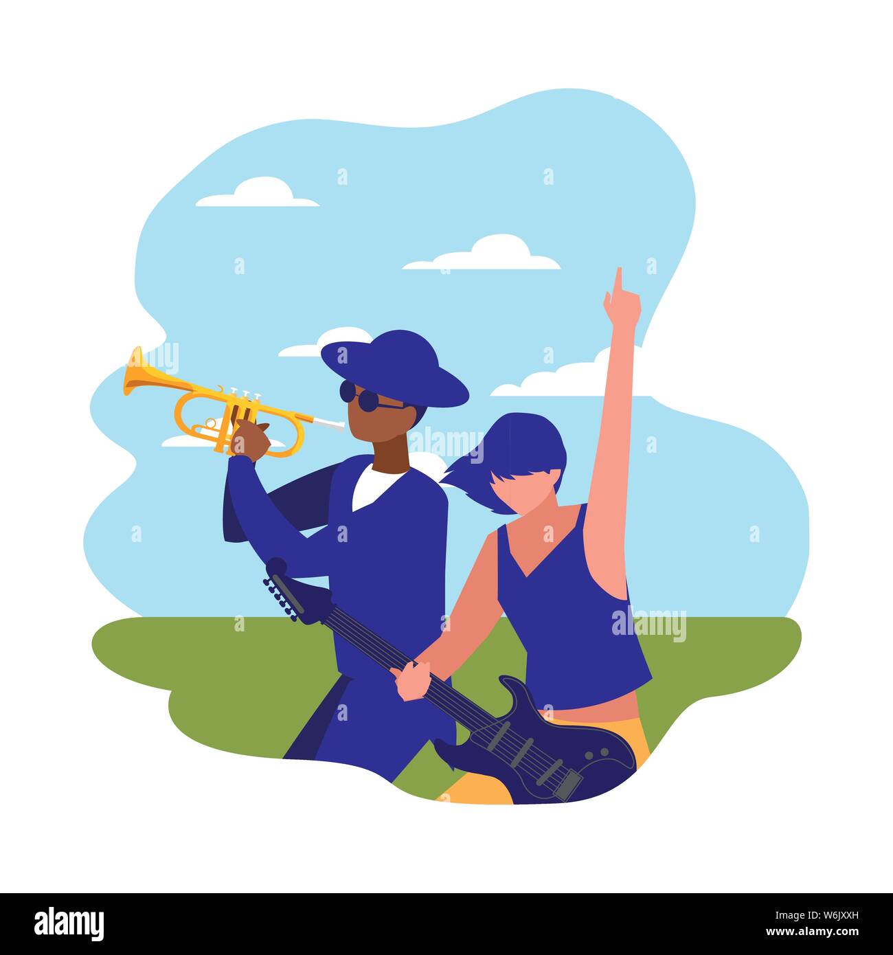 two male musicians playing musical instruments vector illustration ...