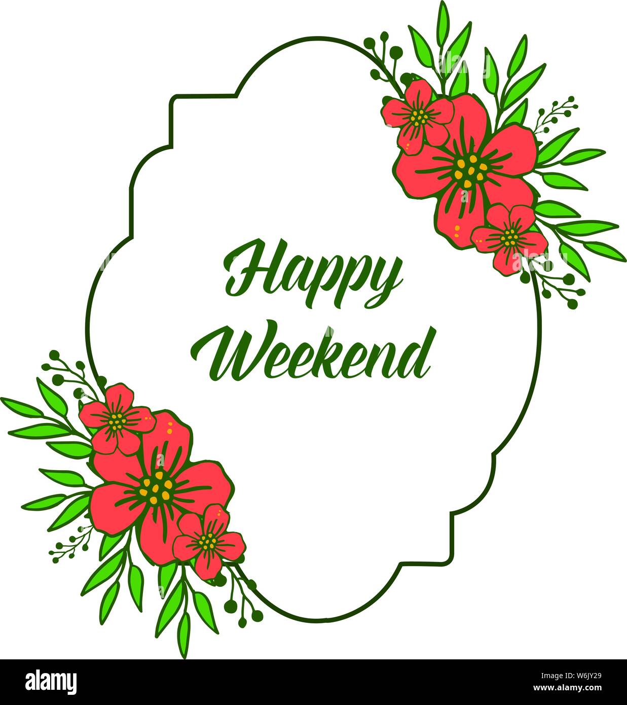 Letter text happy weekend, with plants of leaves and orange flower ...