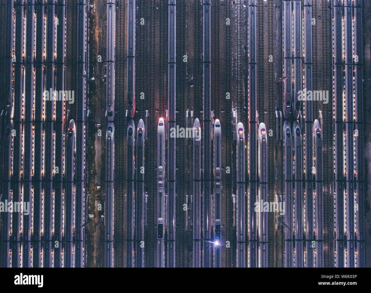 Aerial view of CRH (China Railway High-speed) bullet trains in full ...