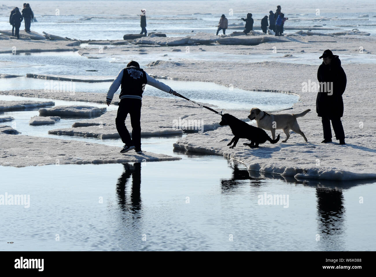 Tourists enjoy themselves on the floating melted sea ice at the Bohai ...