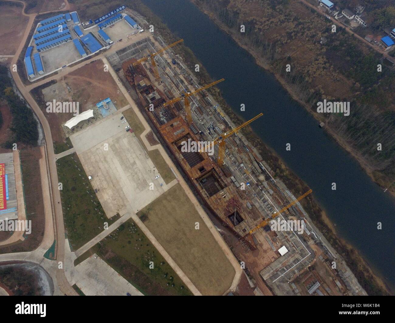 Aerial view of the construction site of a full-scale replica of the ...