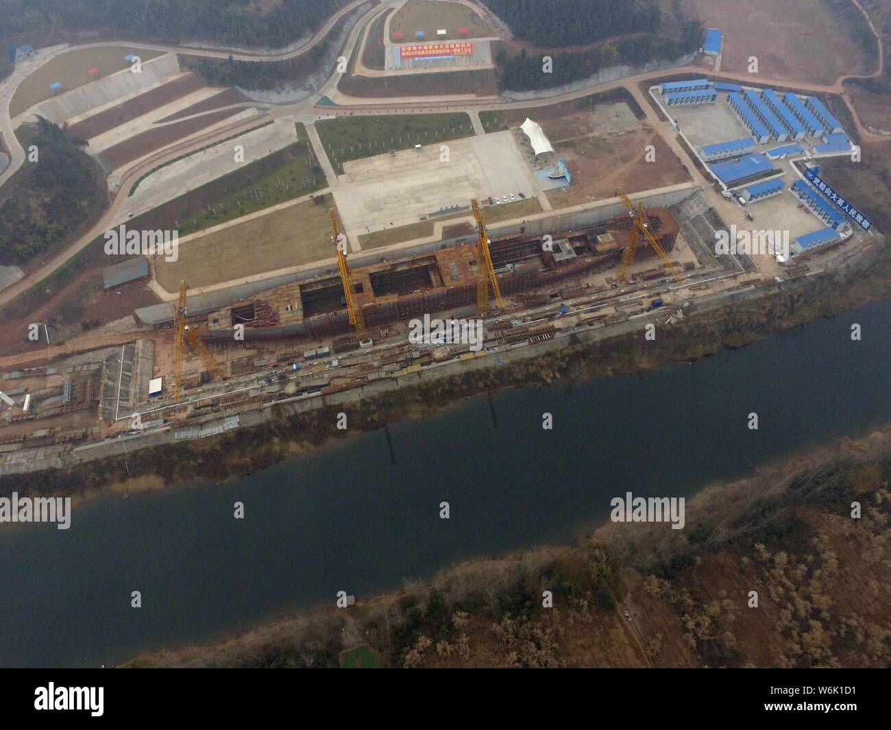 Aerial view of the construction site of a full-scale replica of the ...