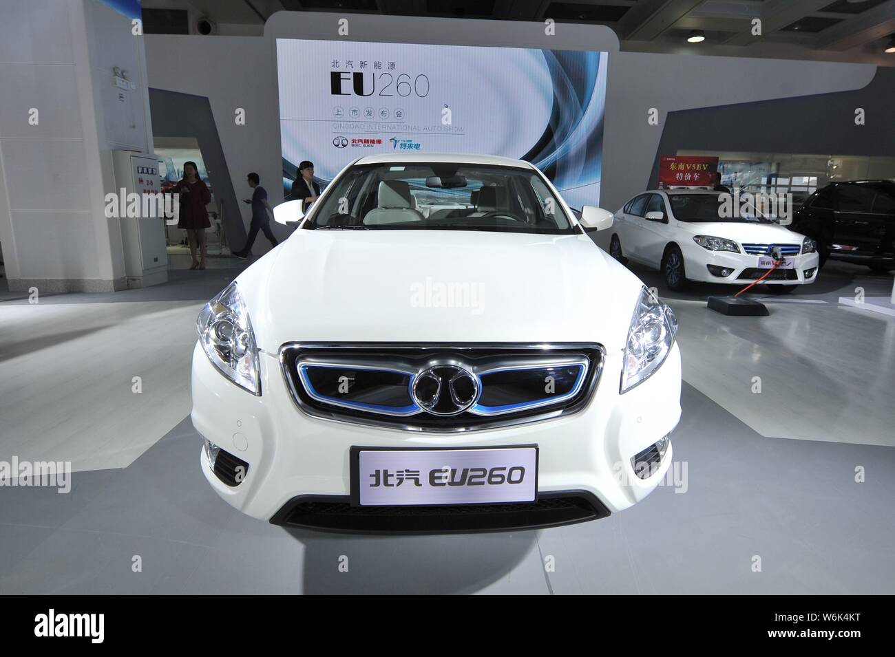 --FILE--An E150 EV of BAIC is on display during an automobile exhibition in Qingdao city, east ...