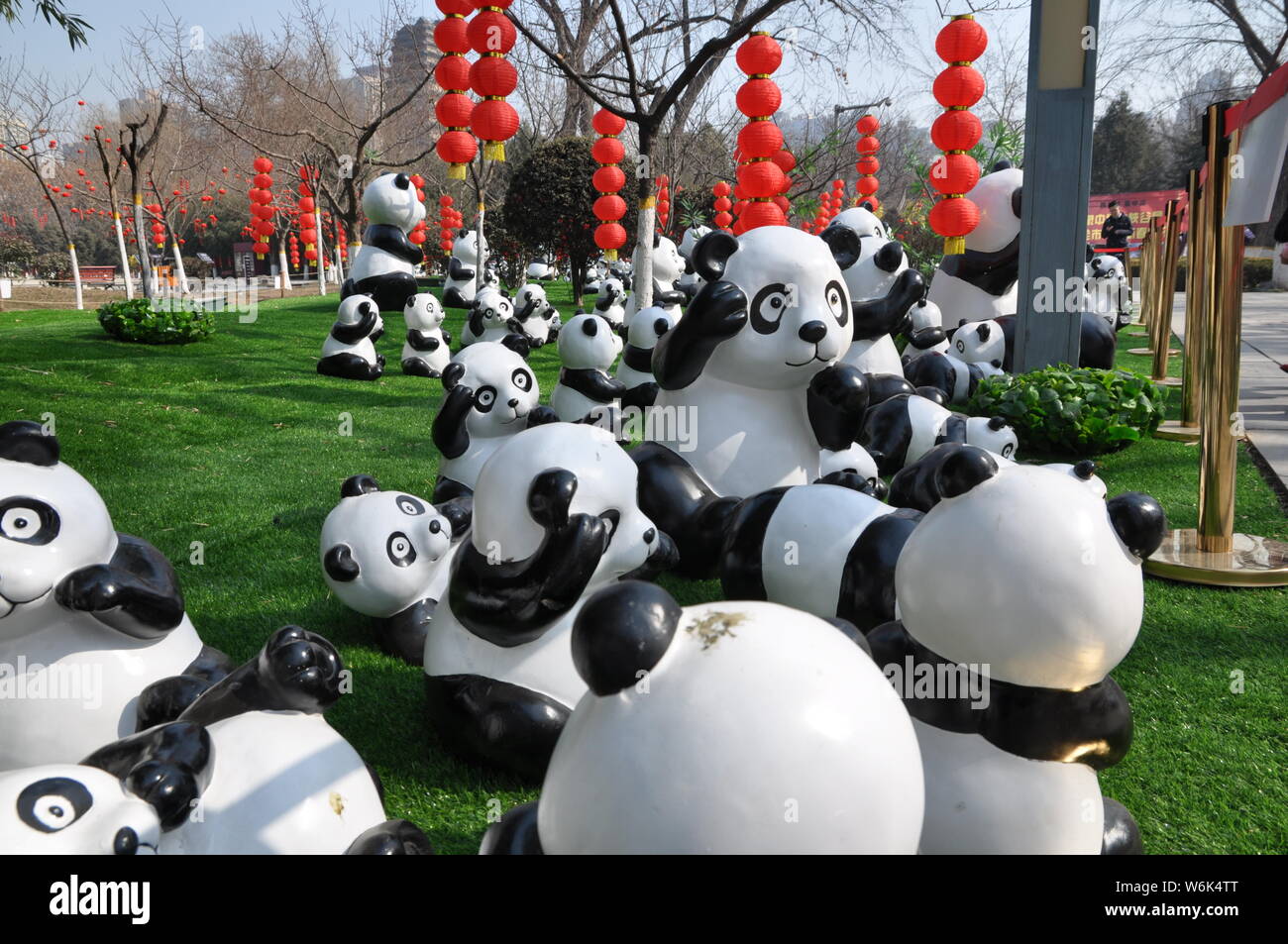 Giant panda sculptures are on display at the Small Wild Goose Pagoda in ...