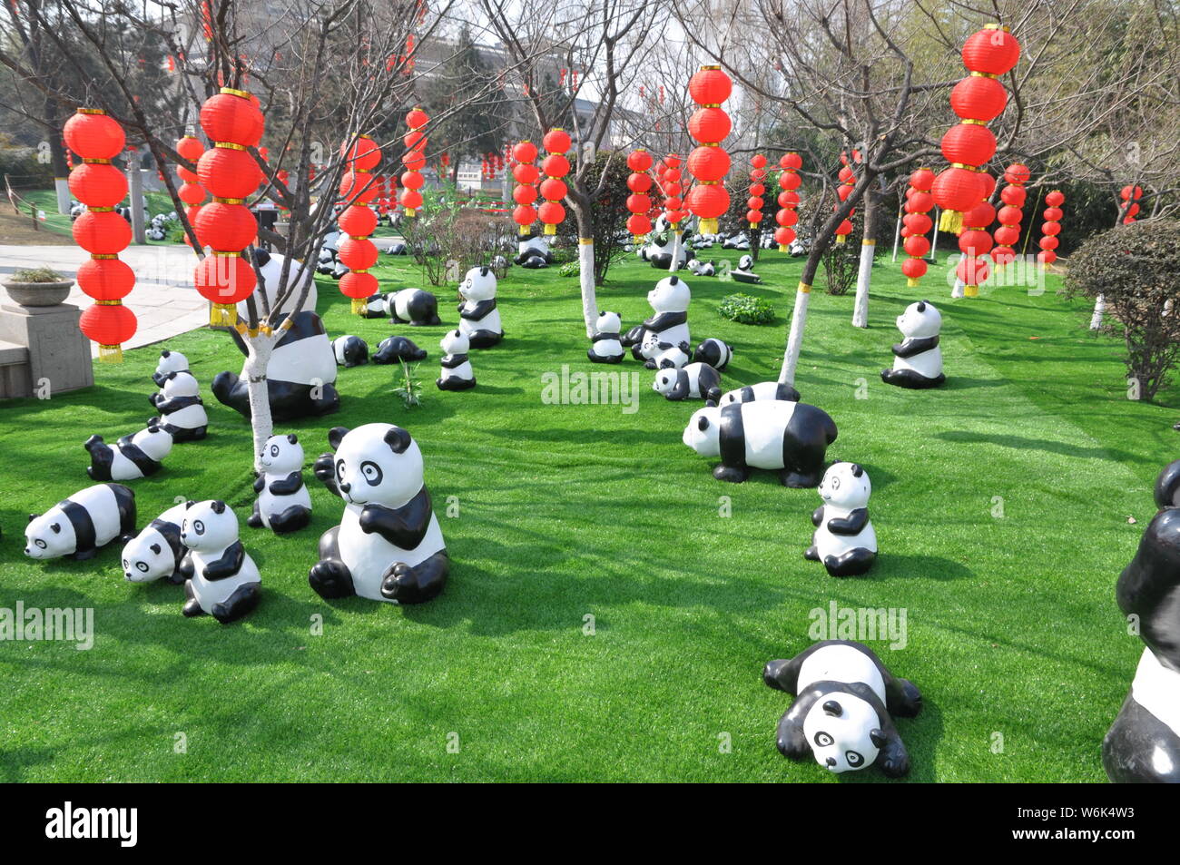 Giant panda sculptures are on display at the Small Wild Goose Pagoda in ...
