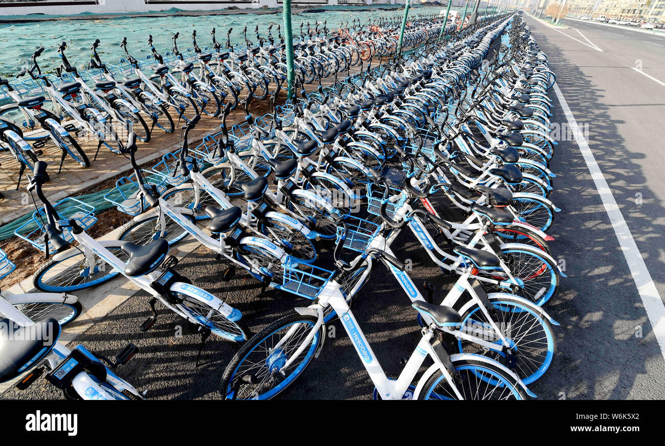 Bicycles of Hellobike and other Chinese bike-sharing services are lined ...
