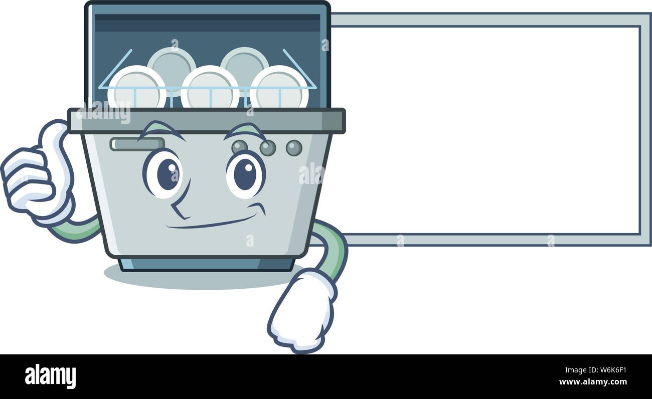 Thumbs up with board mascot dishwasher machine in the kitchen Stock ...