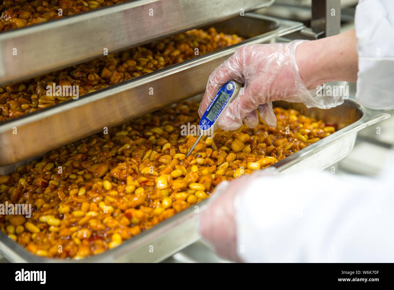 A Chinese worker measures the temperature of cooked food on the ...