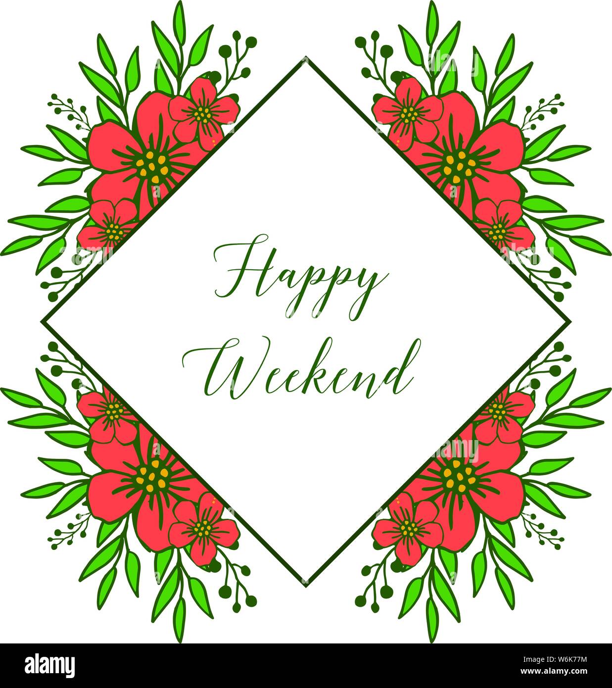 Letter text happy weekend, with plants of leaves and orange flower ...