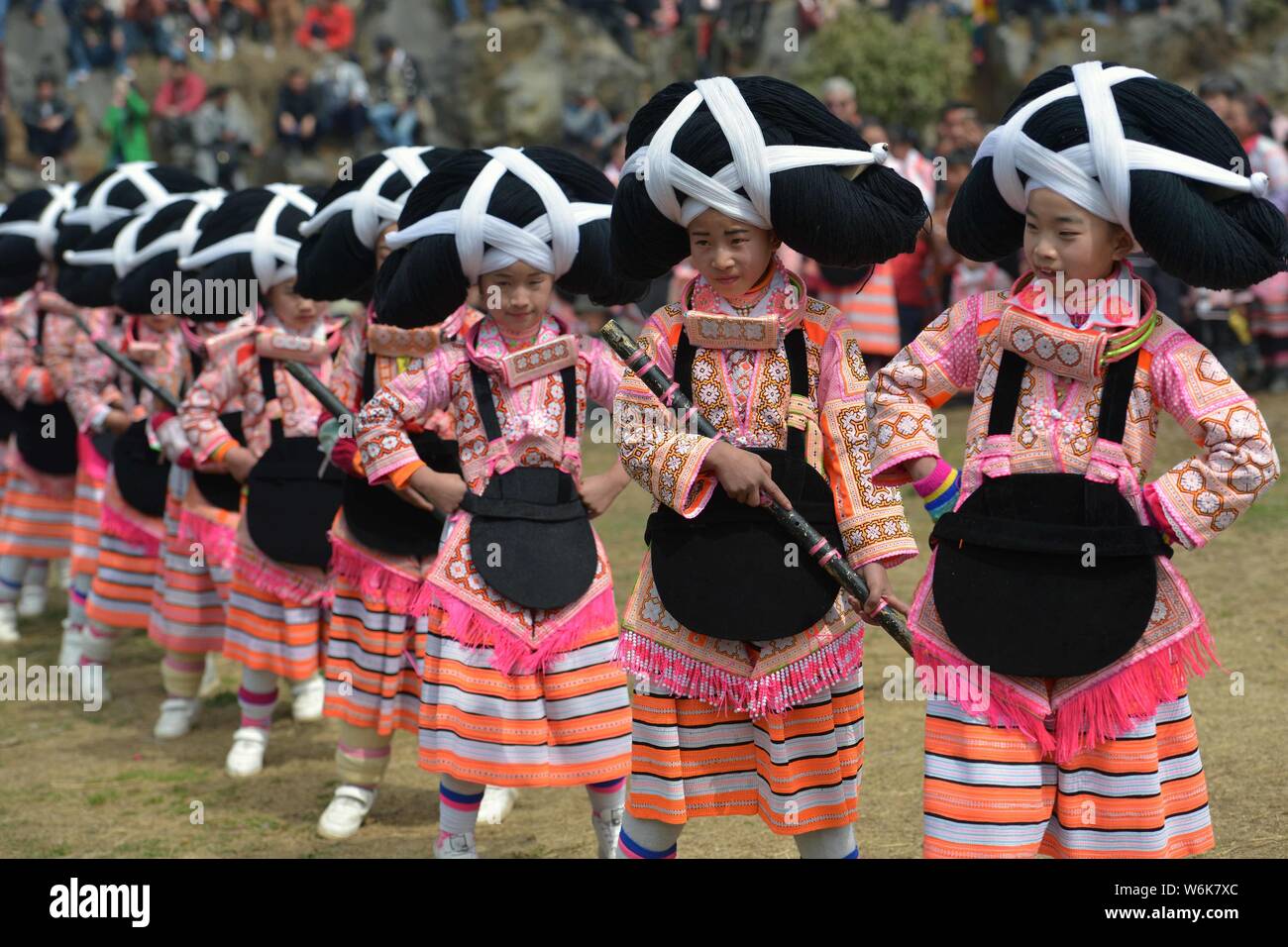 Chinese women and girls of Miao ethnic group dressed in traditional ...