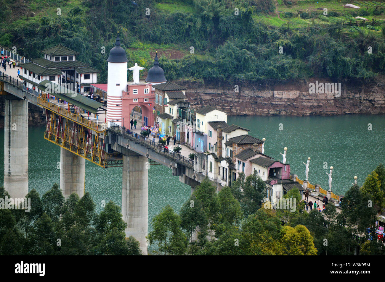 Aerial view of the 400-meter bridge crammed with both traditional ...