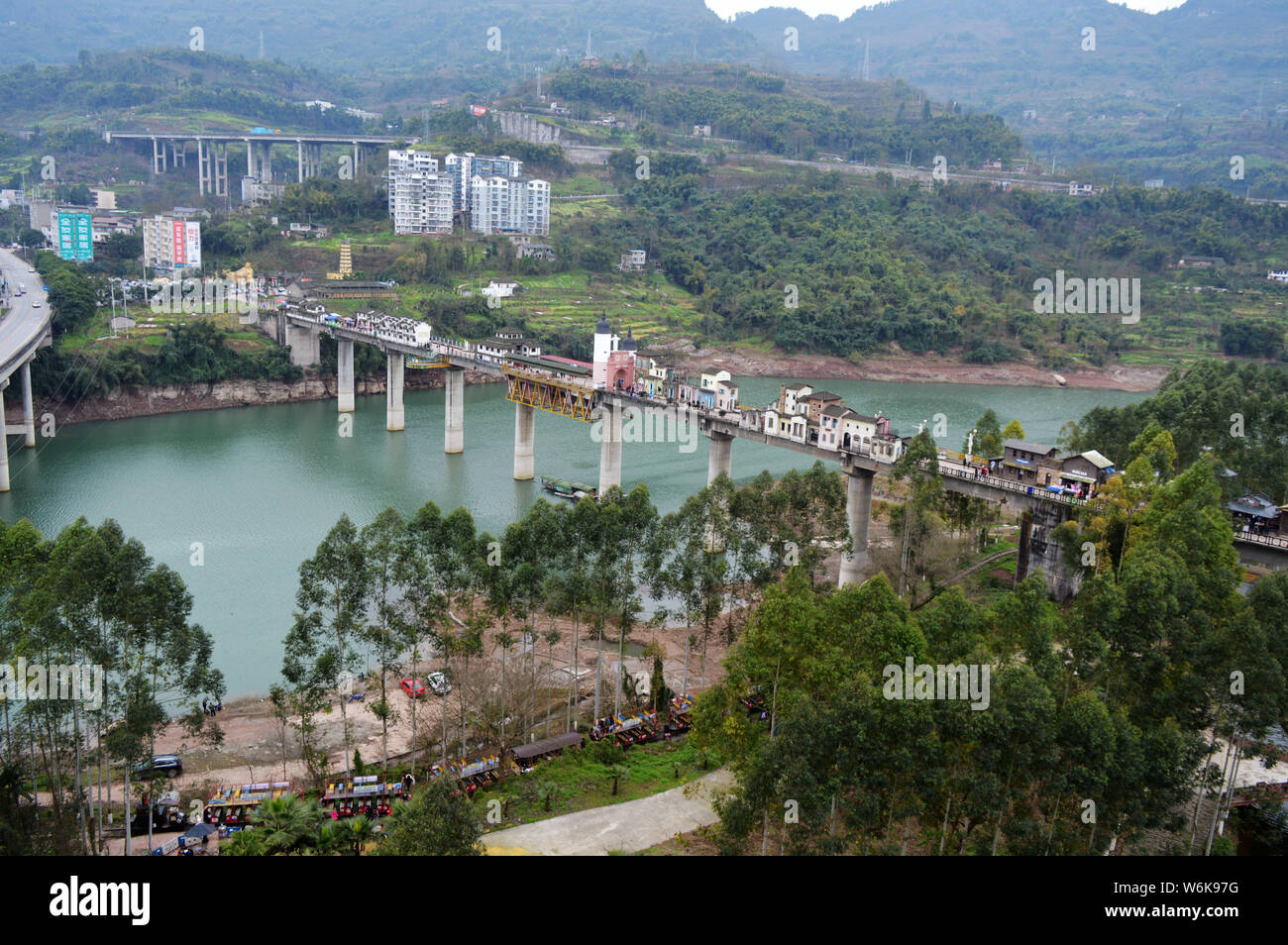 Aerial view of the 400-meter bridge crammed with both traditional ...