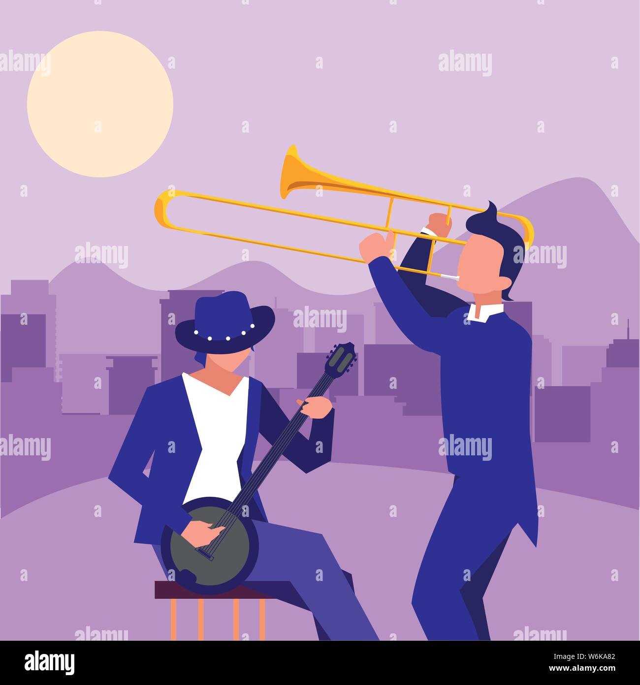 two male musicians playing musical instruments vector illustration ...