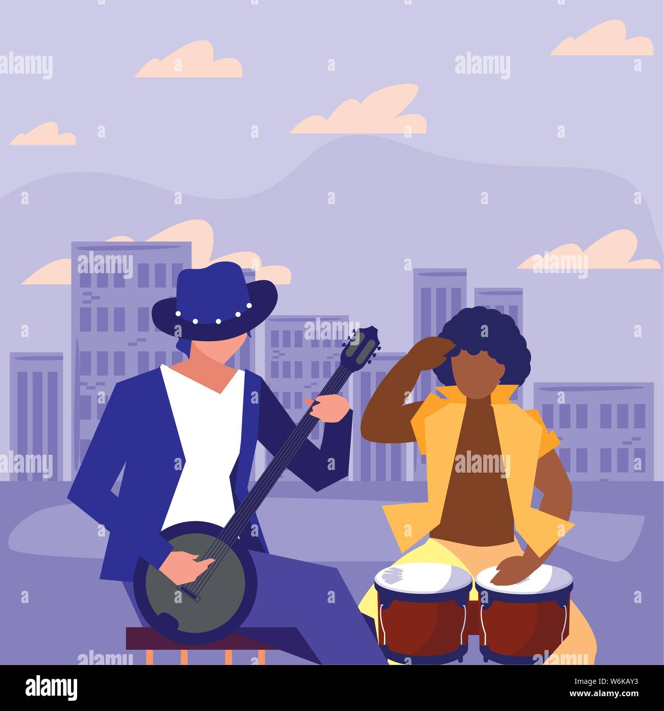 two male musicians playing musical instruments vector illustration ...