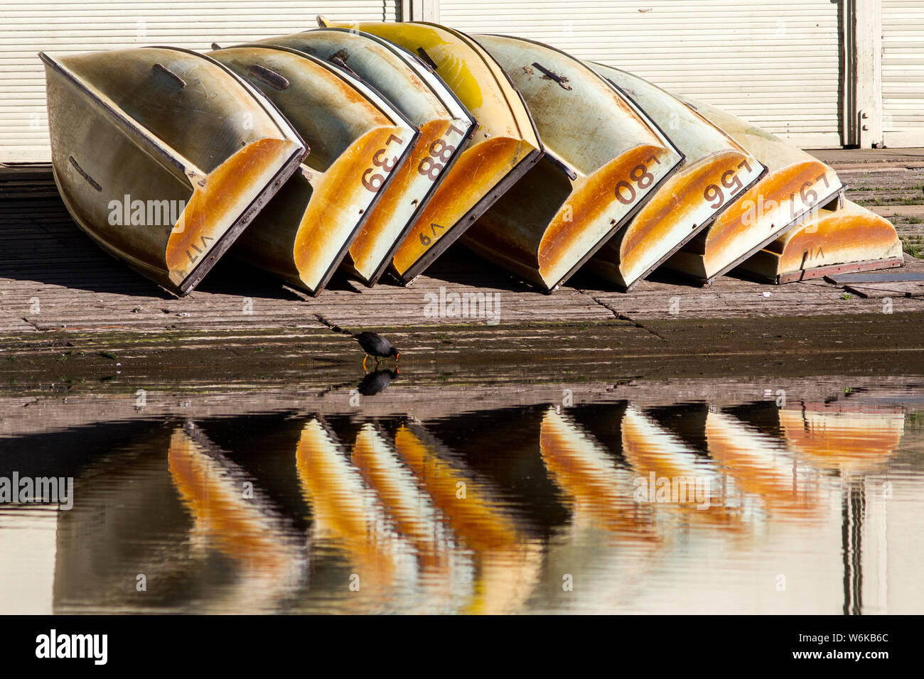Row boats stored on jetty Stock Photo - Alamy