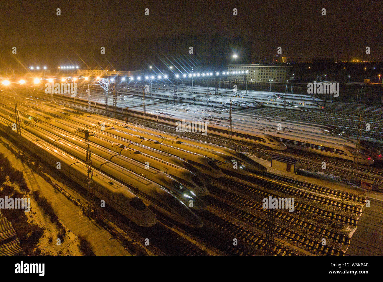 Aerial view of CRH (China Railway High-speed) bullet trains in full ...
