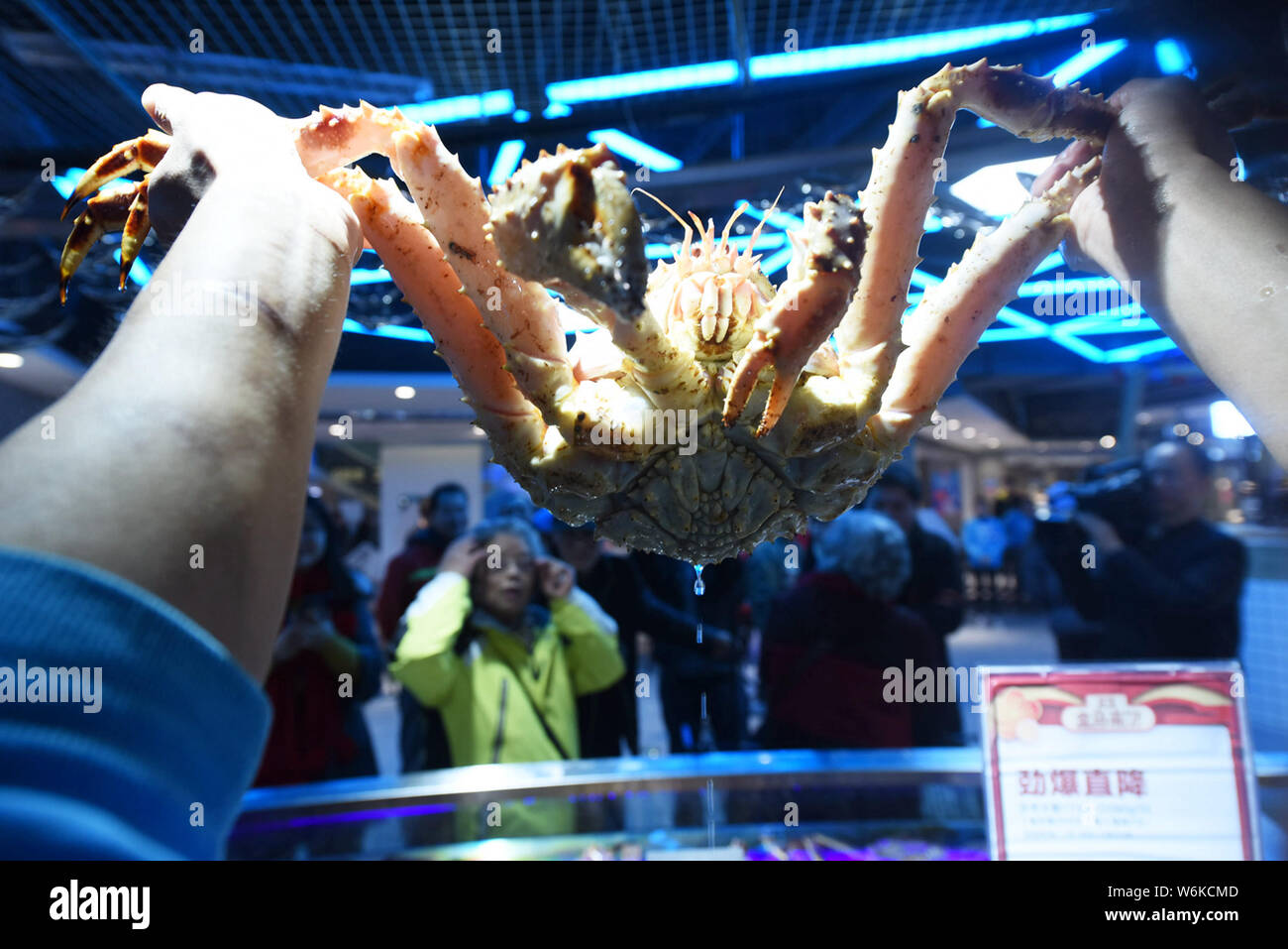 A Chinese employee shows a king crab at the new flagship store of O2O ...