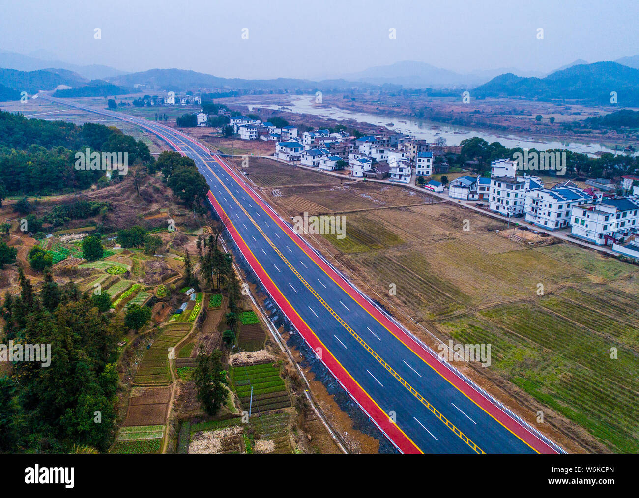 Aerial view of China's first highway to accommodate an alternate color ...