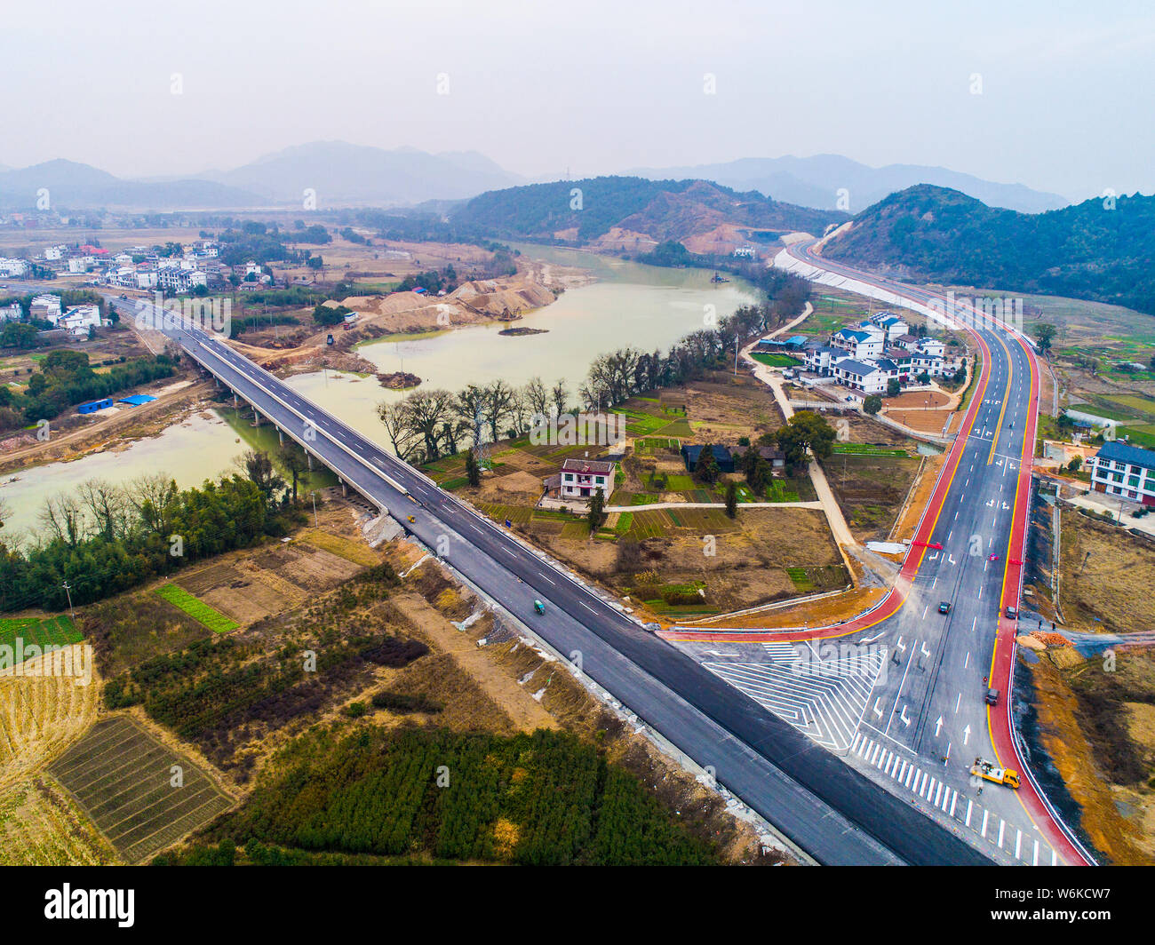 Aerial view of China's first highway to accommodate an alternate color ...