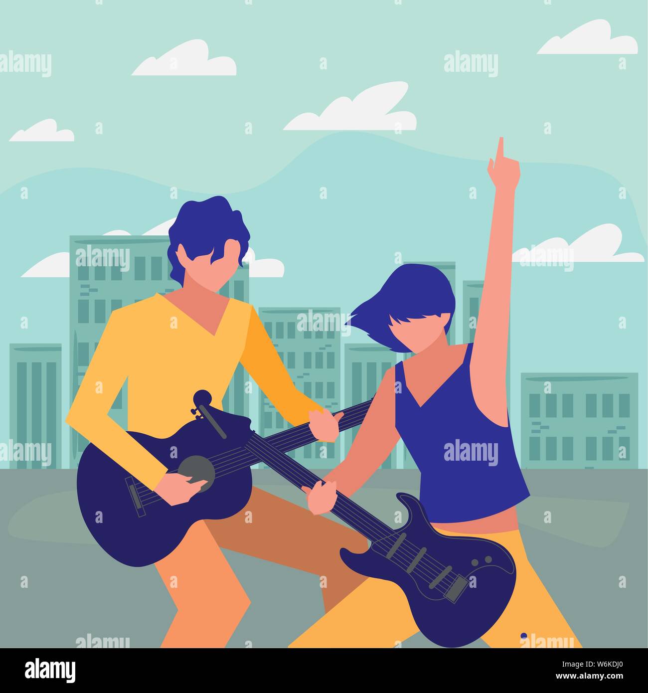 two male musicians playing musical instruments vector illustration ...
