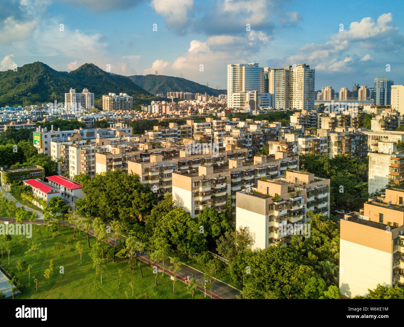 --FILE--Aerial view of residential buildings in Huafu village, Futian ...
