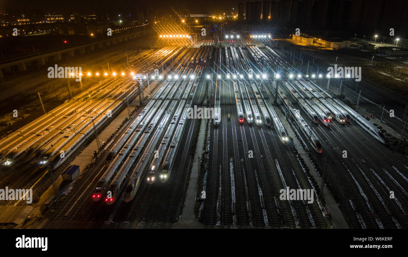 Aerial view of CRH (China Railway High-speed) bullet trains in full ...
