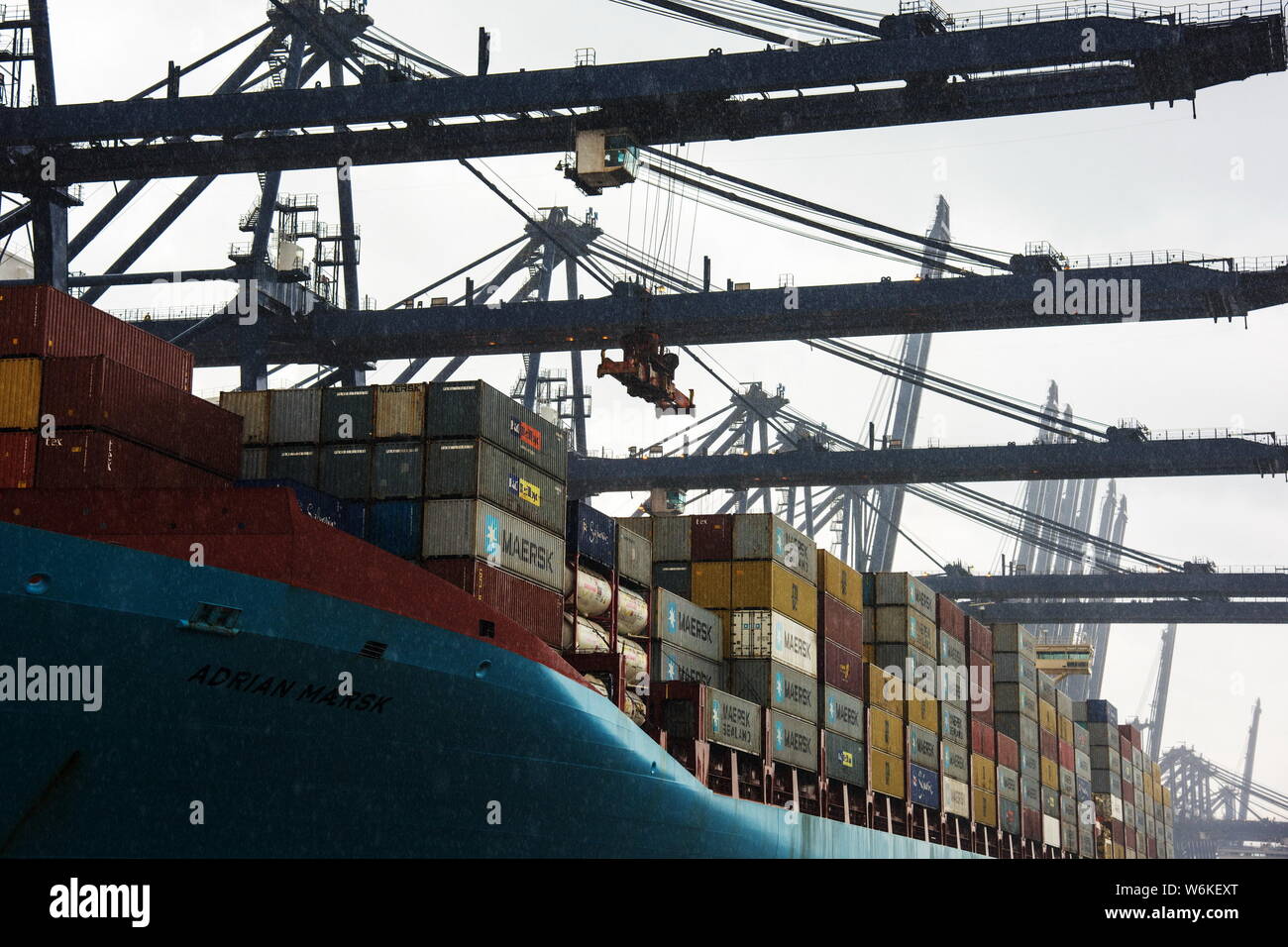 --FILE--A container ship is docked at a container terminal at the ...