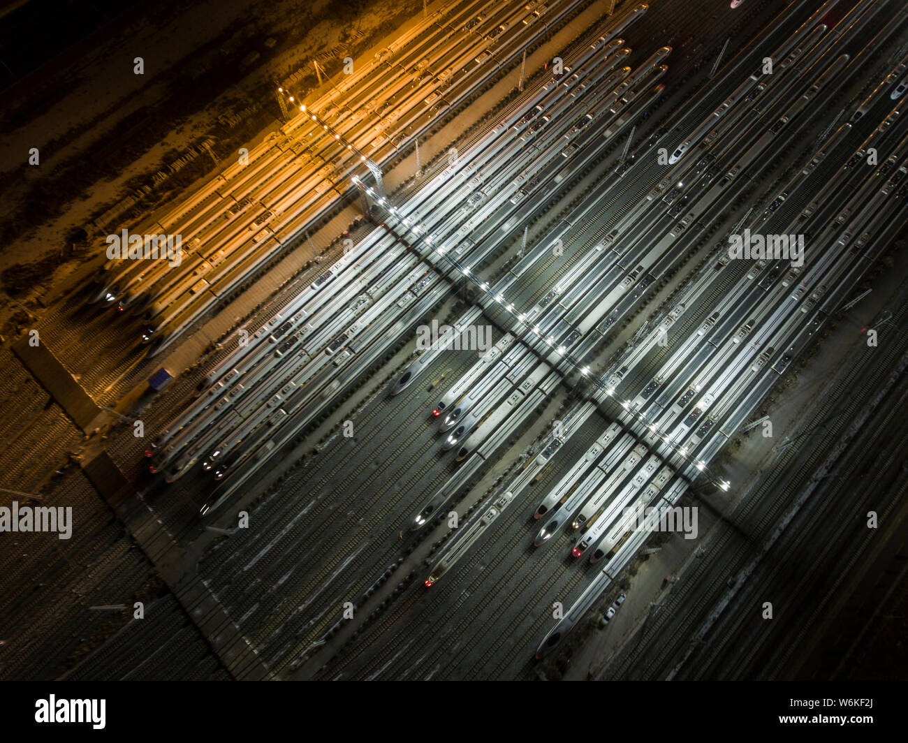 Aerial view of CRH (China Railway High-speed) bullet trains in full ...