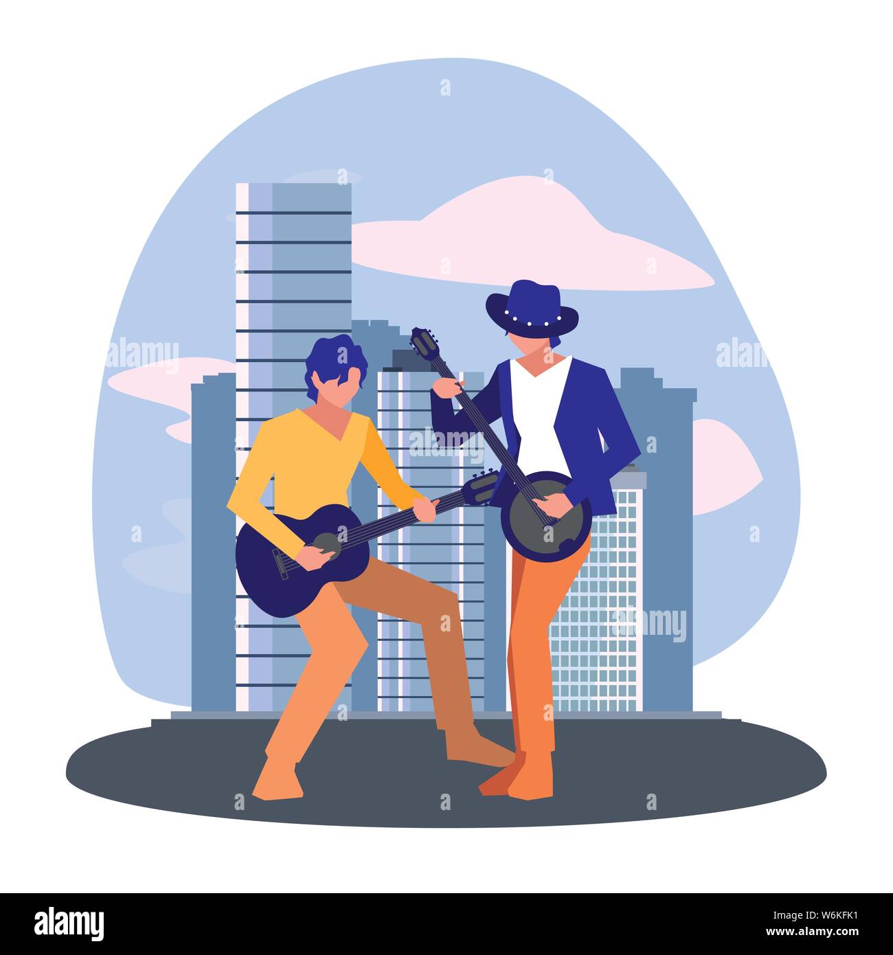 two male musicians playing musical instruments vector illustration ...
